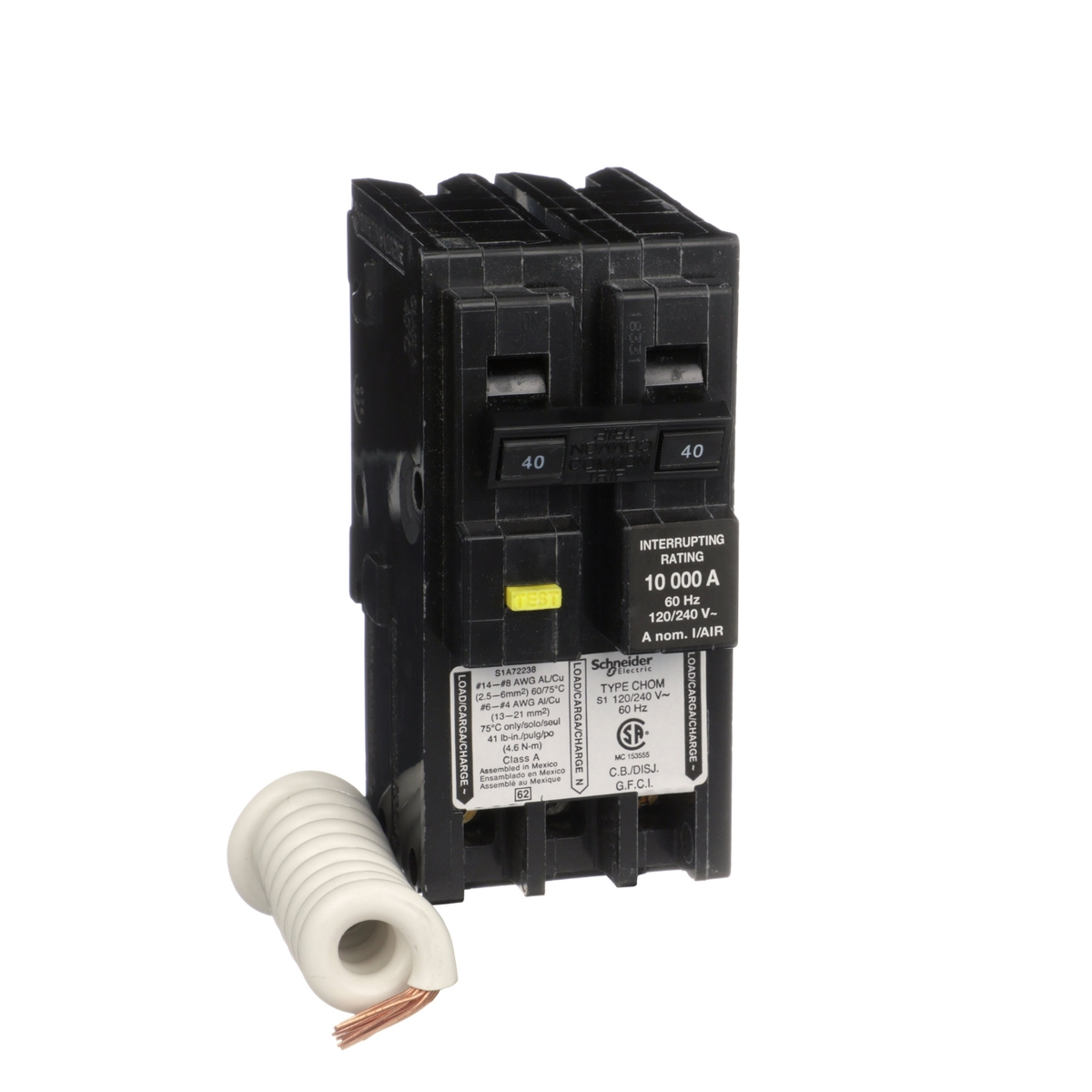 SCHNEIDER ELECTRIC HOMELINE 2 POLE 40A GROUND FAULT CIRCUIT BREAKER CH ...